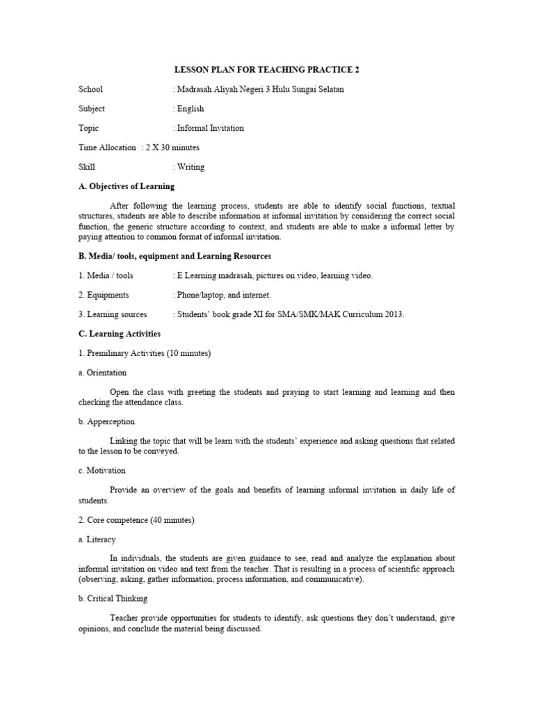 Lesson Plan 4 For Teaching Practice 2 (Informal Invitation) . | PDF ...