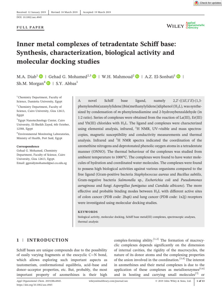 Applied Organom Chemis - 2019 - Diab - Inner Metal Complexes of Tetradentate Schiff Base ...