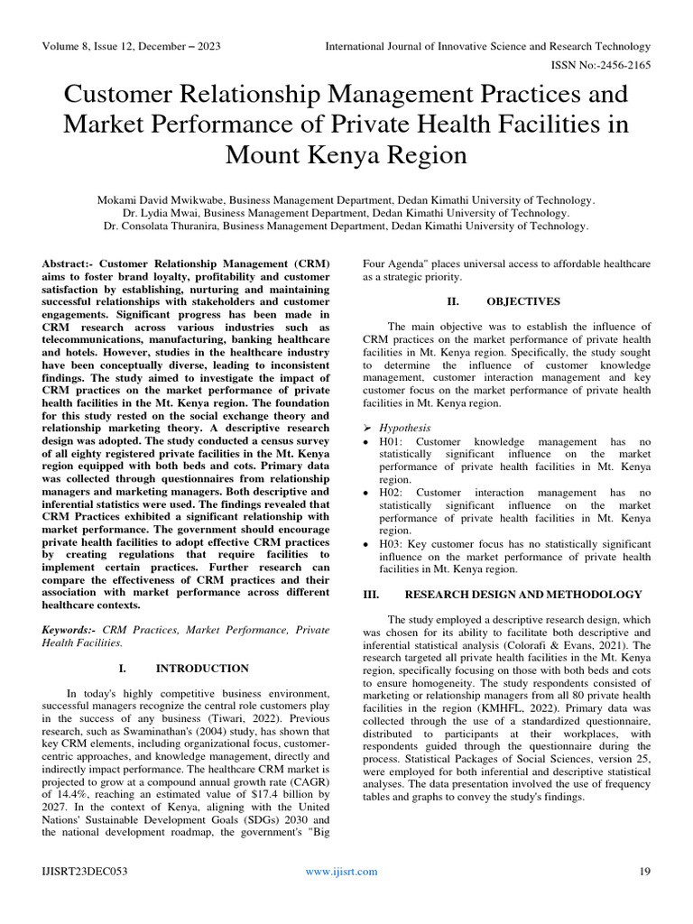 Customer Relationship Management Practices and Market Performance of Private Health Facilities ...