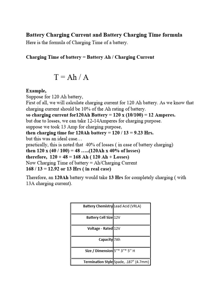 Battery Charging Current and Battery Charging Time Formula | PDF ...