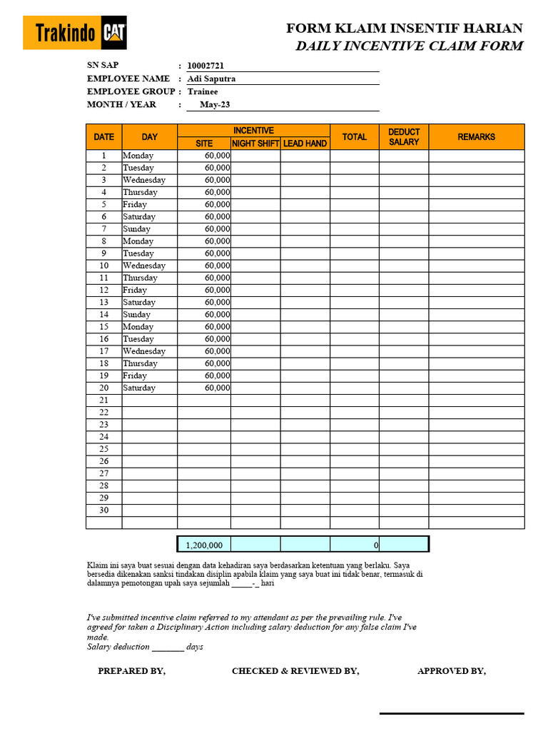 Daily Incentive Claim Form: Form Klaim Insentif Harian | PDF