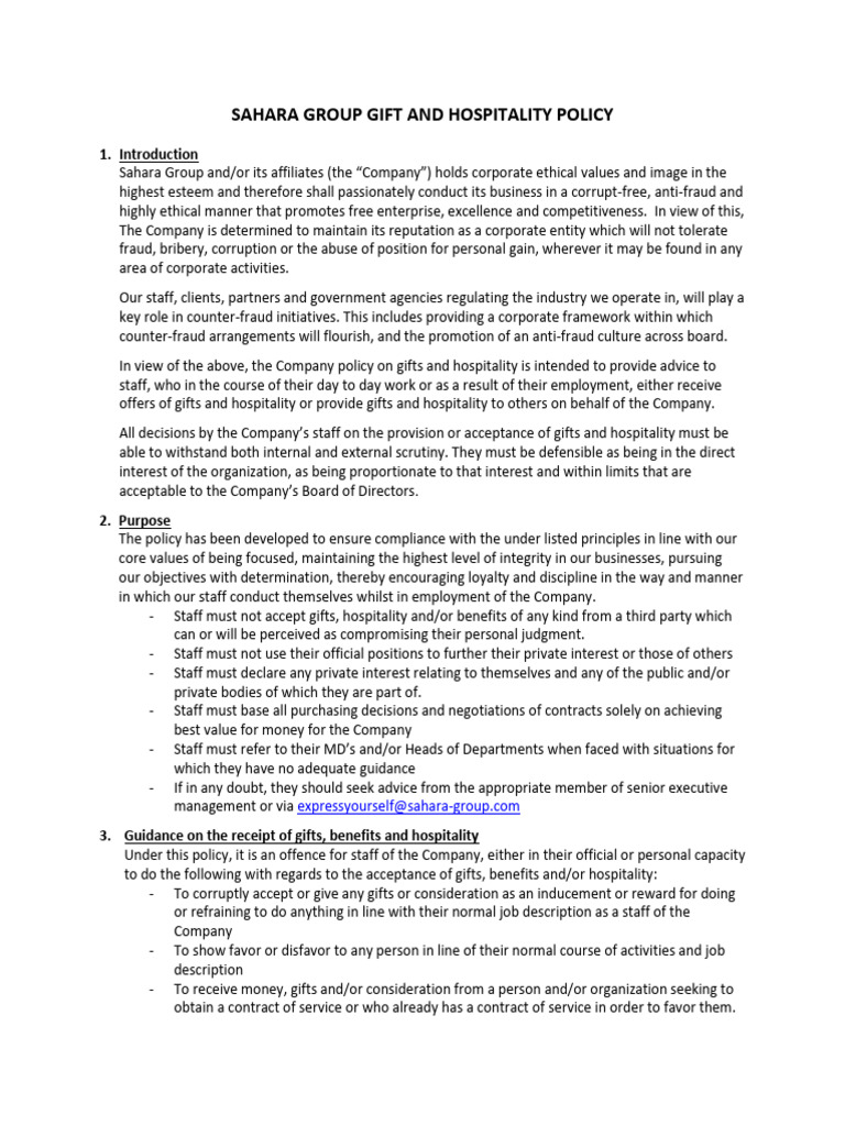 Gifts Hospitality Policy | PDF | Lunch | Drink