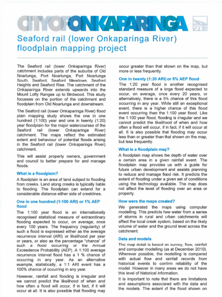 Seaford Rail Lower Onkaparinga River Floodplain Mapping Information Sheet | PDF | Flood ...