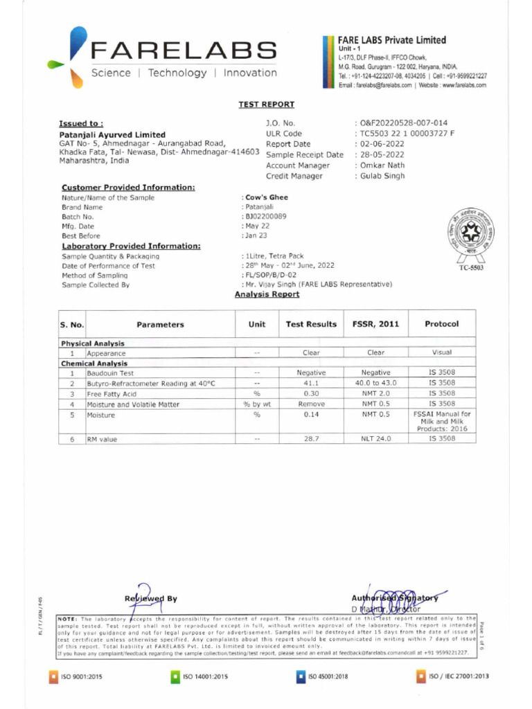 Test Report of Cow's Ghee (-007-014) | PDF
