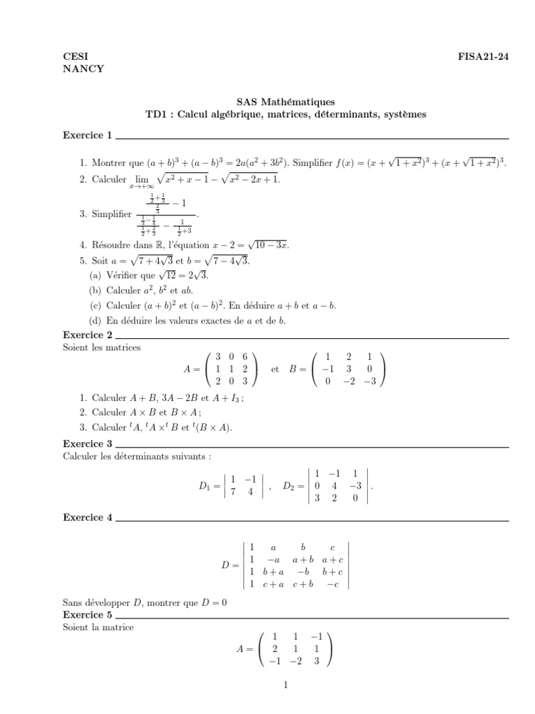 TD1 Algèbre | PDF | Mathématiques | Algèbre