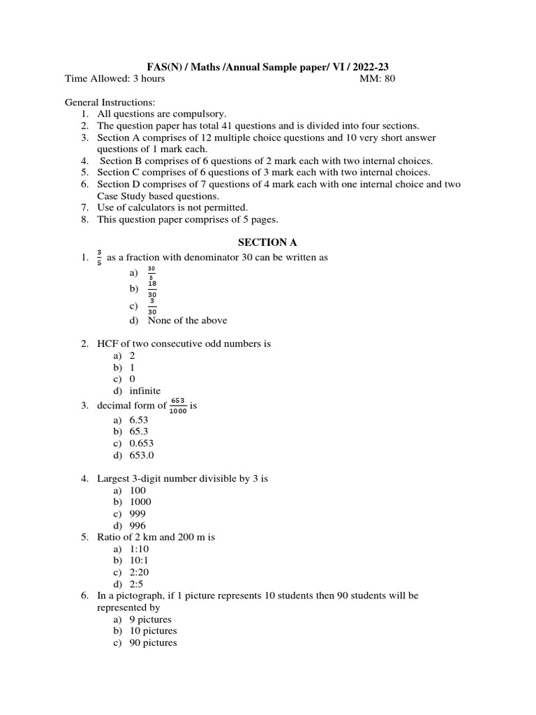 Annual Sample paper -VI -Maths.docx | PDF | Prime Number | Discrete ...