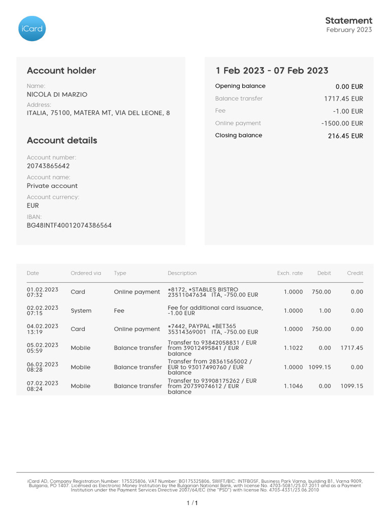 Icard Statement 01 2023 Pdf Euro Payments