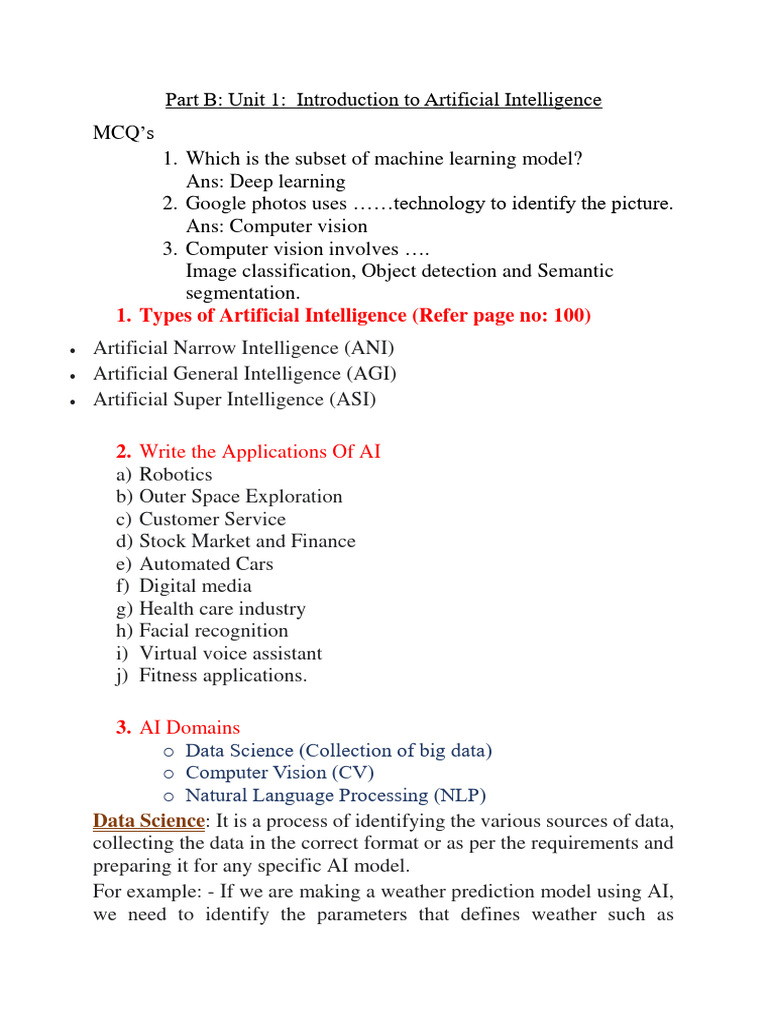 Part B Unit 1 AI Introduction and Domain | PDF | Artificial Intelligence | Intelligence (AI ...