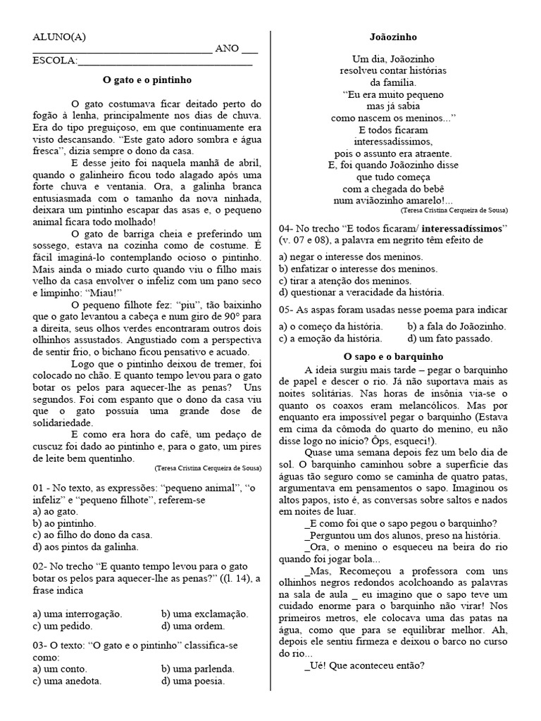 Simulado Lingua Portuguesa 6º Ano | PDF | Gatos