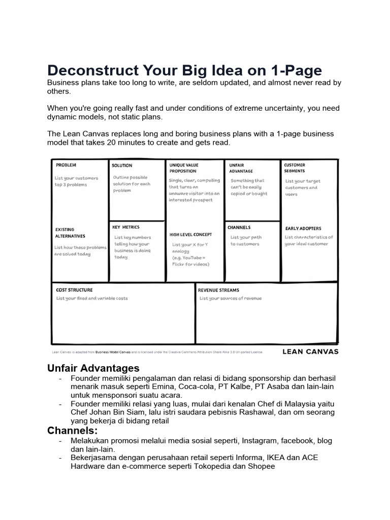 Lean Canvas: Model Bisnis 1-Halaman | PDF