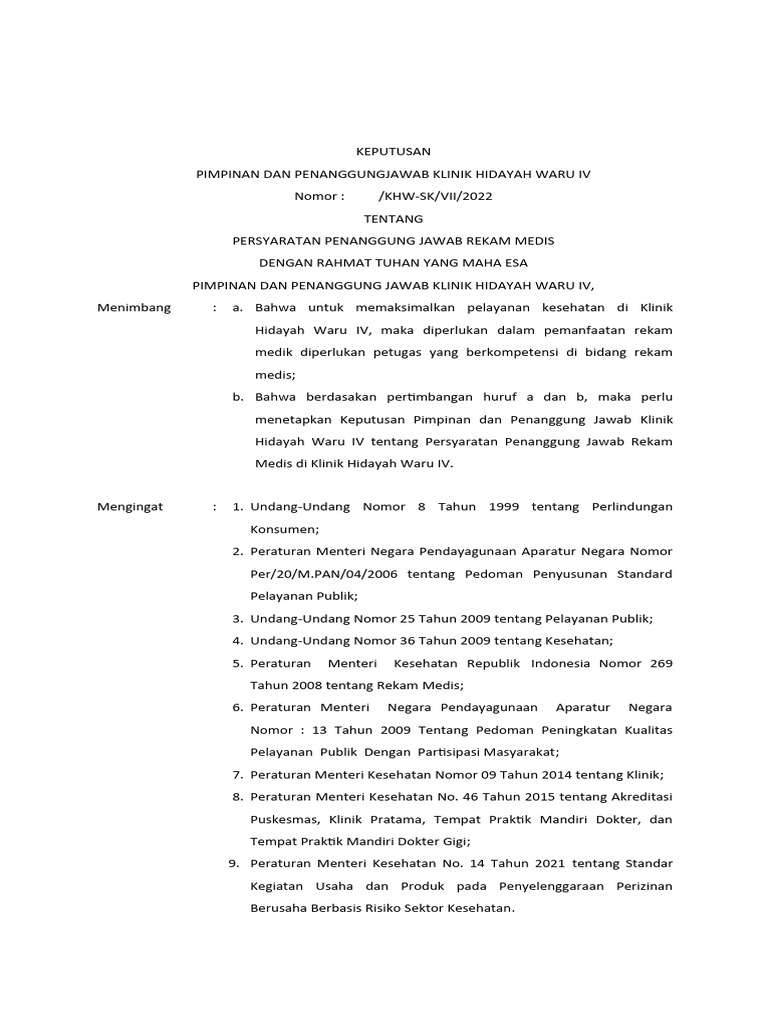 PKP 11 Ep 2 SK Persyaratan Penanggung Jawab Rekam Medis | PDF