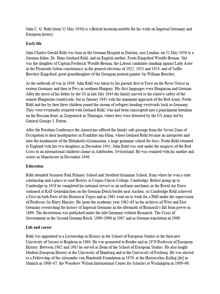 John C. G. Röhl: Historian of Imperial Germany | PDF