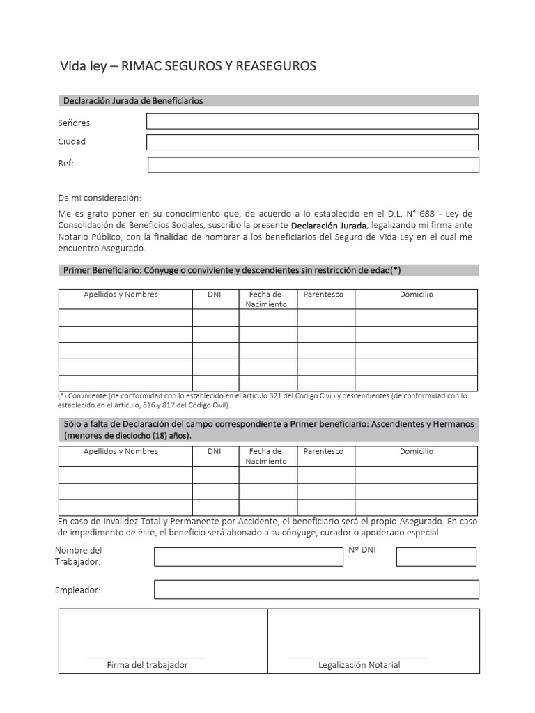 4. Formato Beneficiarios Seguro Vida Ley | PDF
