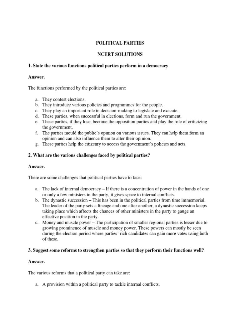 Class 10 POLITICAL PARTIES Ncert Solutions | PDF | Democracy ...