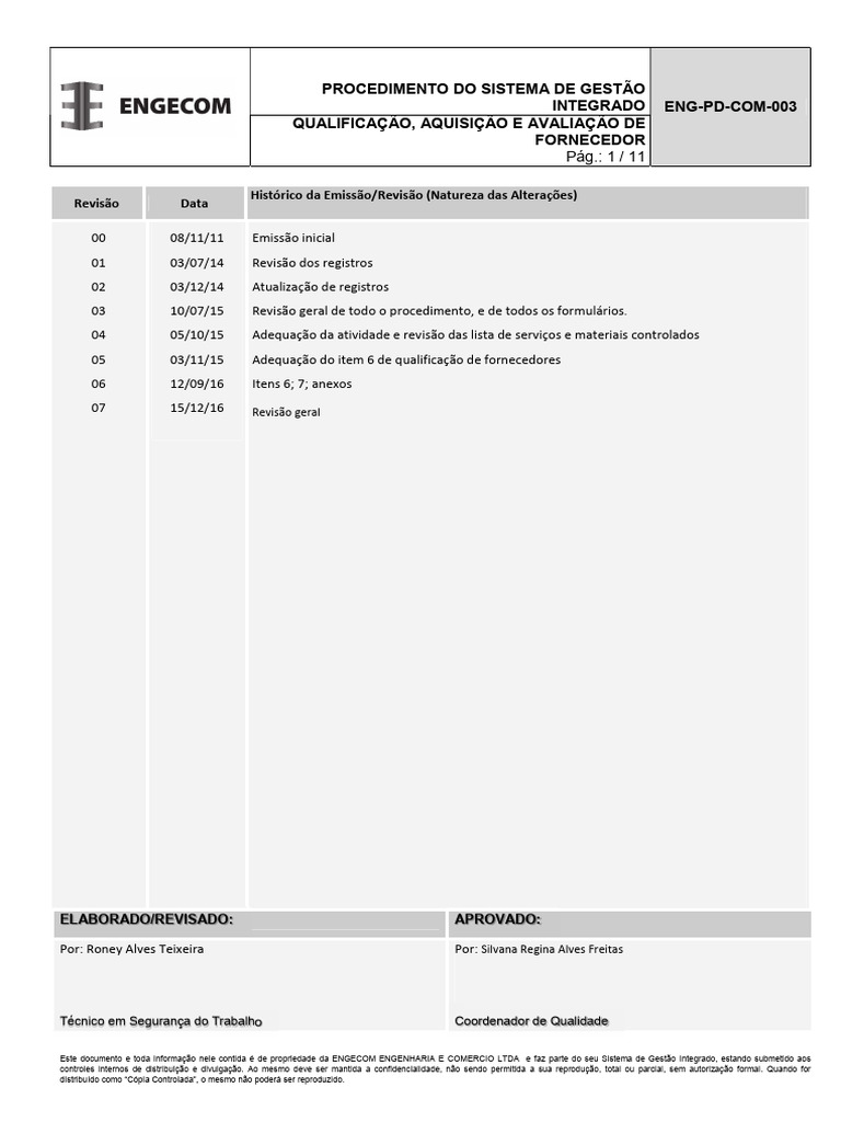 Eng-Pd-Com-003 - Aqu, Qual e Av. de Fornecedor - Rev 7 | PDF | Qualidade (negócios) | Engenharia
