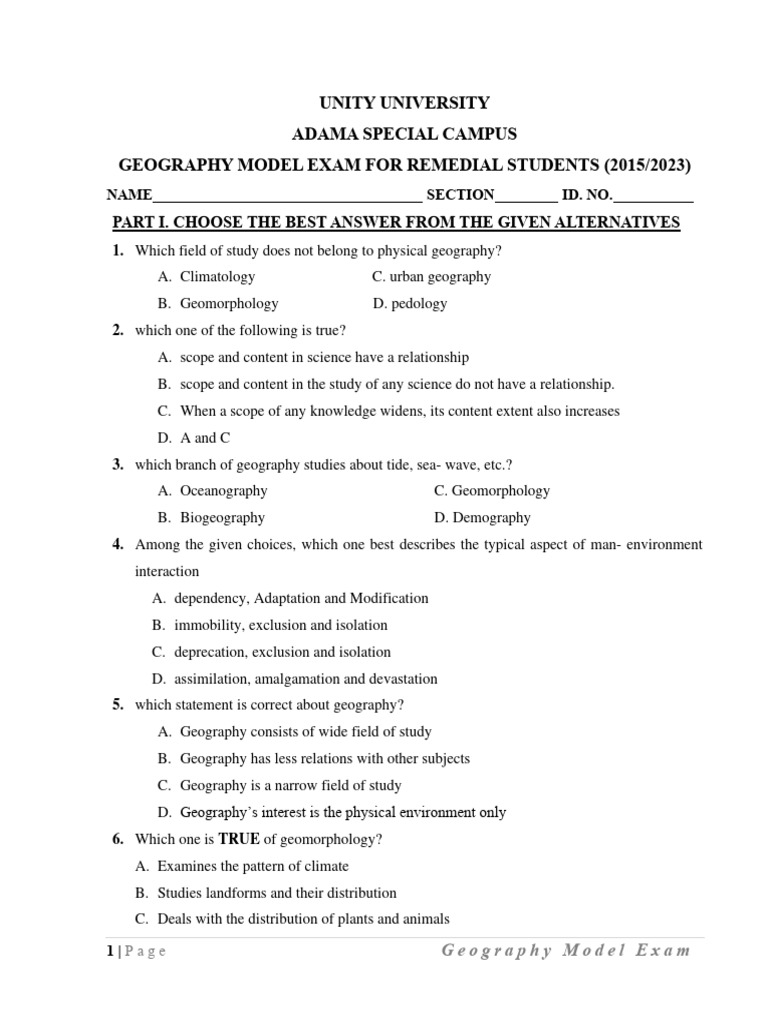 Remedial Geography Model Exam-1 | PDF | Geography | Nature