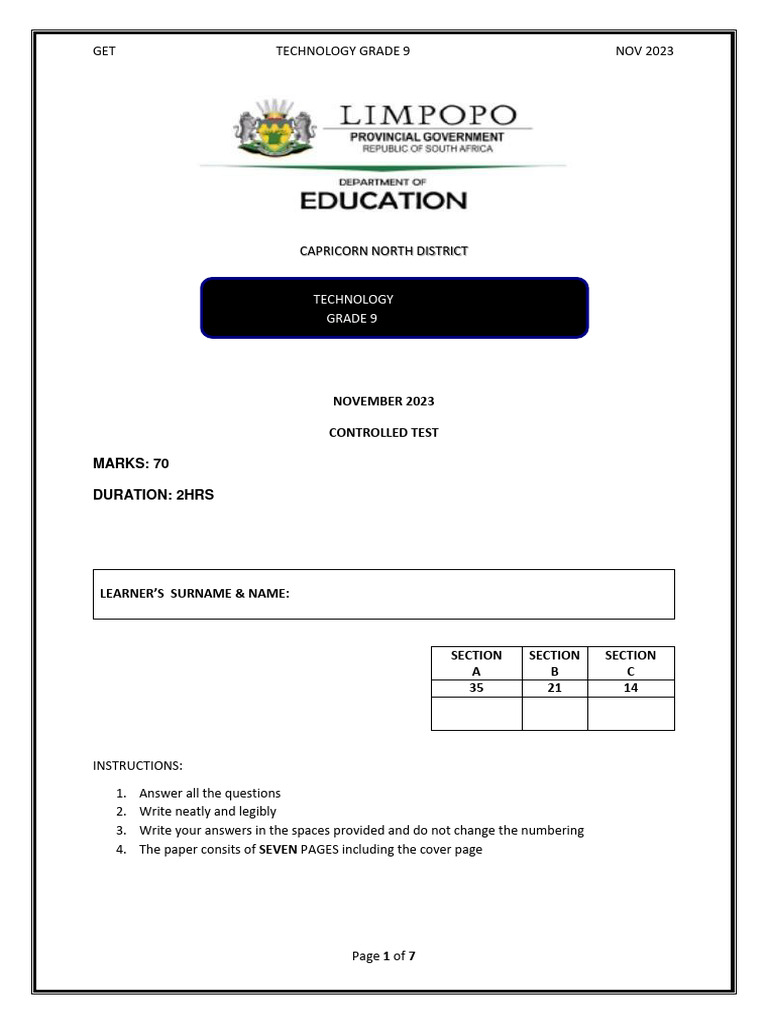 Technology Grade 9 Nov 2023 1 (2) - 231122 - 174635 | PDF | Electrical ...
