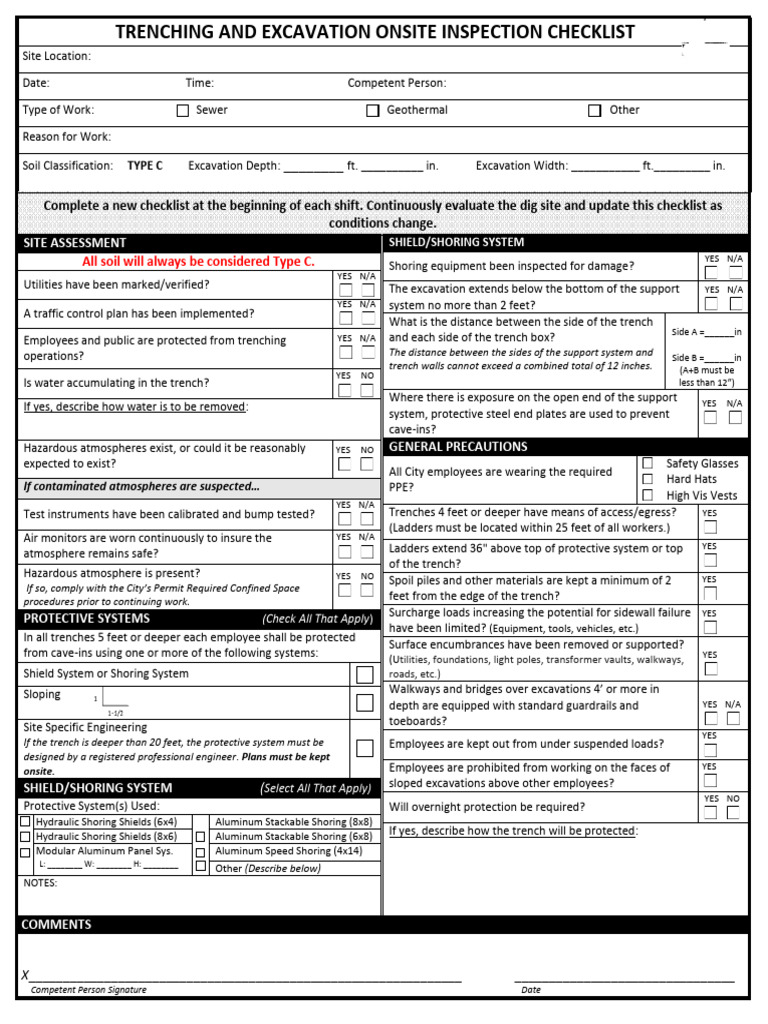 Trenching Checklist 2019 | PDF | Trench | Safety