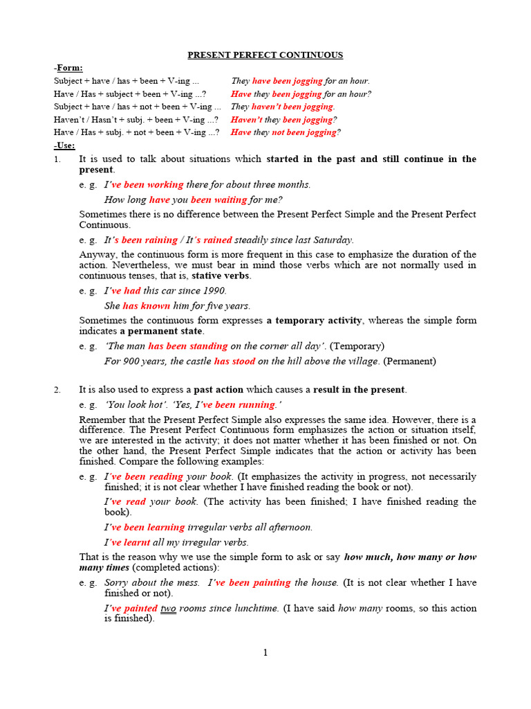 Present Perfect Continuous - English Version | PDF | Perfect (Grammar) | Linguistics