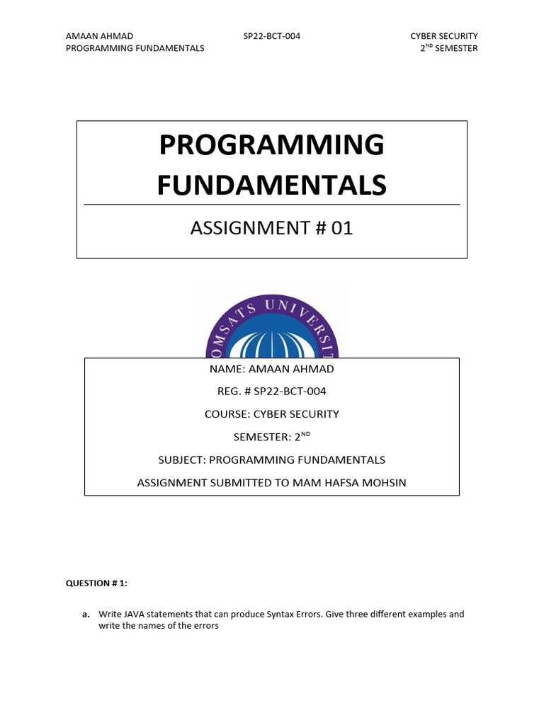 Pf Assignment 01 Amaan Ahmad Sp22 Bct 004 Pdf Integer Computer Science Computer Science