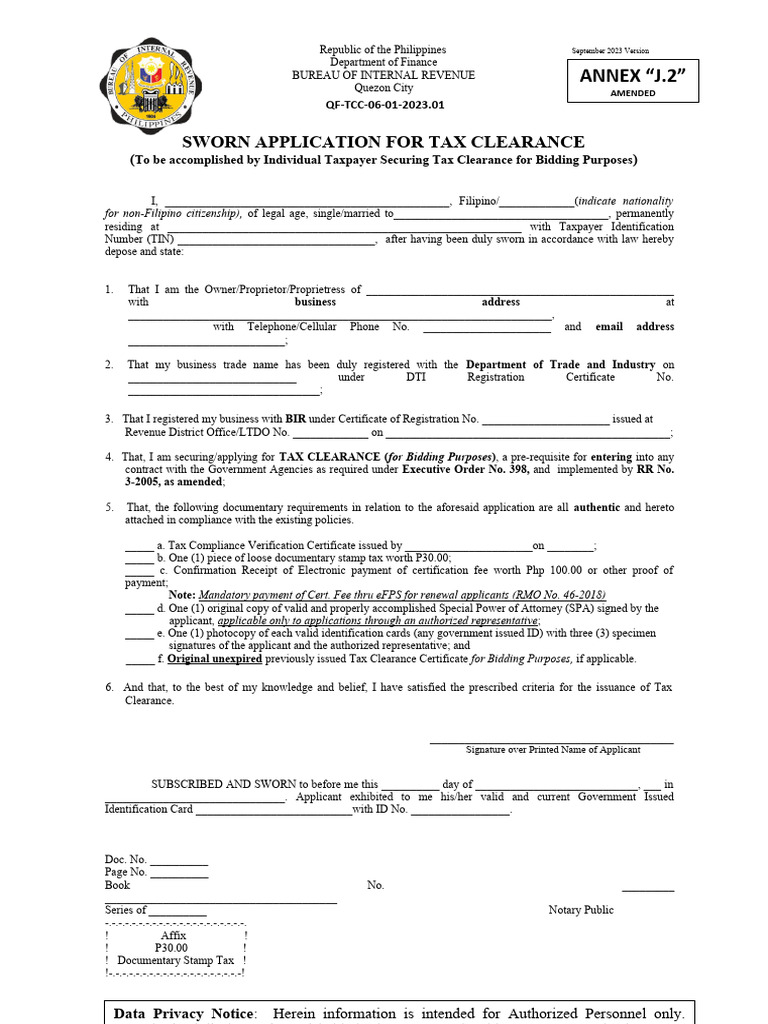 Sworn Application for Tax Clearance for Bidding Purposes Individual Taxpayers_copy | PDF ...