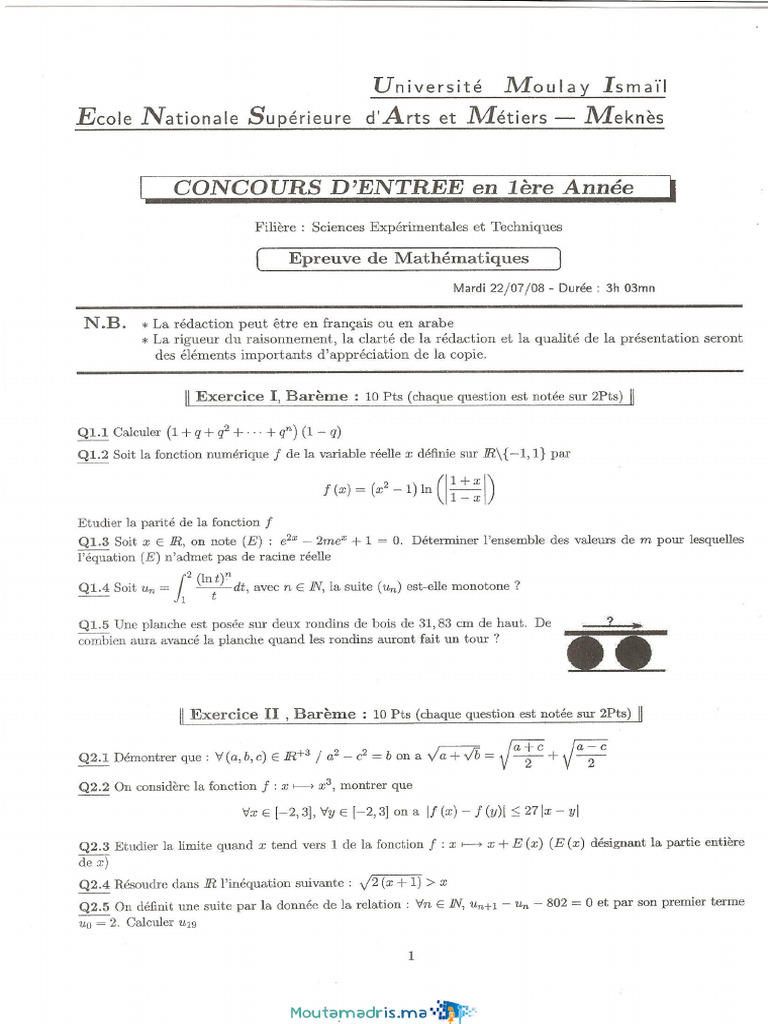 Exemple Concours Ensam SVT PC Ste STM Maths 2008 | PDF Exemple Concours Ensam SVT PC Ste STM Maths 2008 | PDF