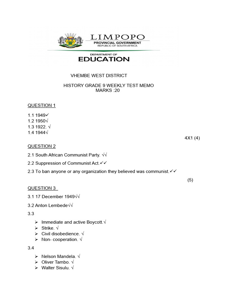 Grade 9 History Weekly Test 2 Memo 11 August 2023 | PDF