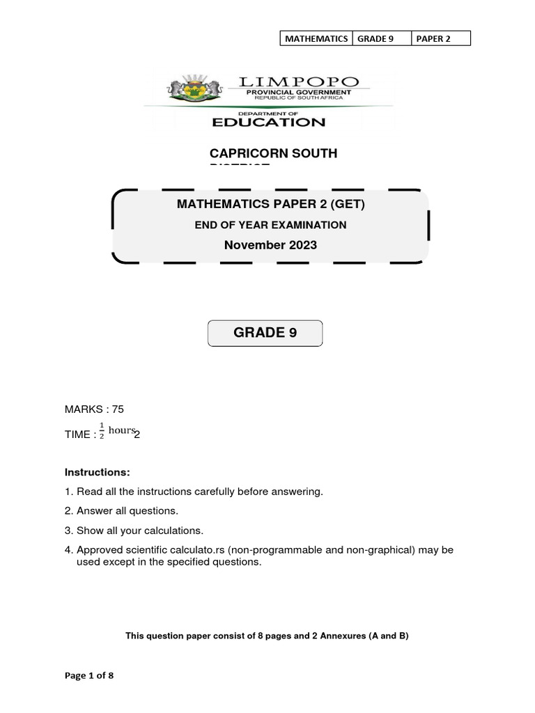 Grade 9 Mathematics 2023 November Test Paper 2 | PDF | Area | Classical ...