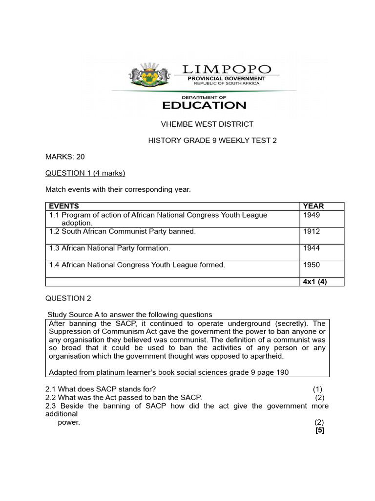 Grade 9 History Weekly Test 2 11 August 2023 | PDF | African National ...