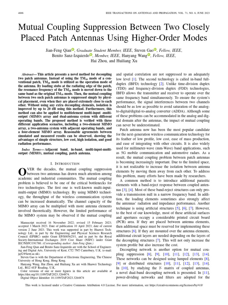 Mutual Coupling Suppression Between Two Closely Placed Patch Antennas Using Higher Order Modes