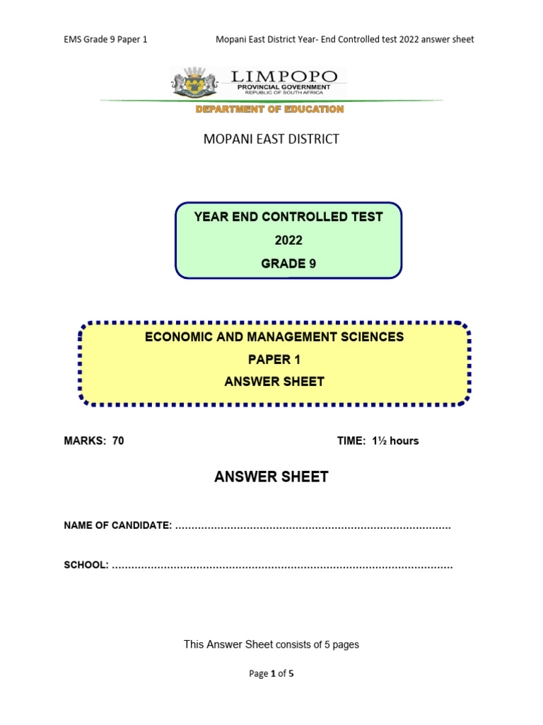 Ems Grade 9 Paper 1 Year End Test 2022 Answer Sheet | PDF | Debits And ...