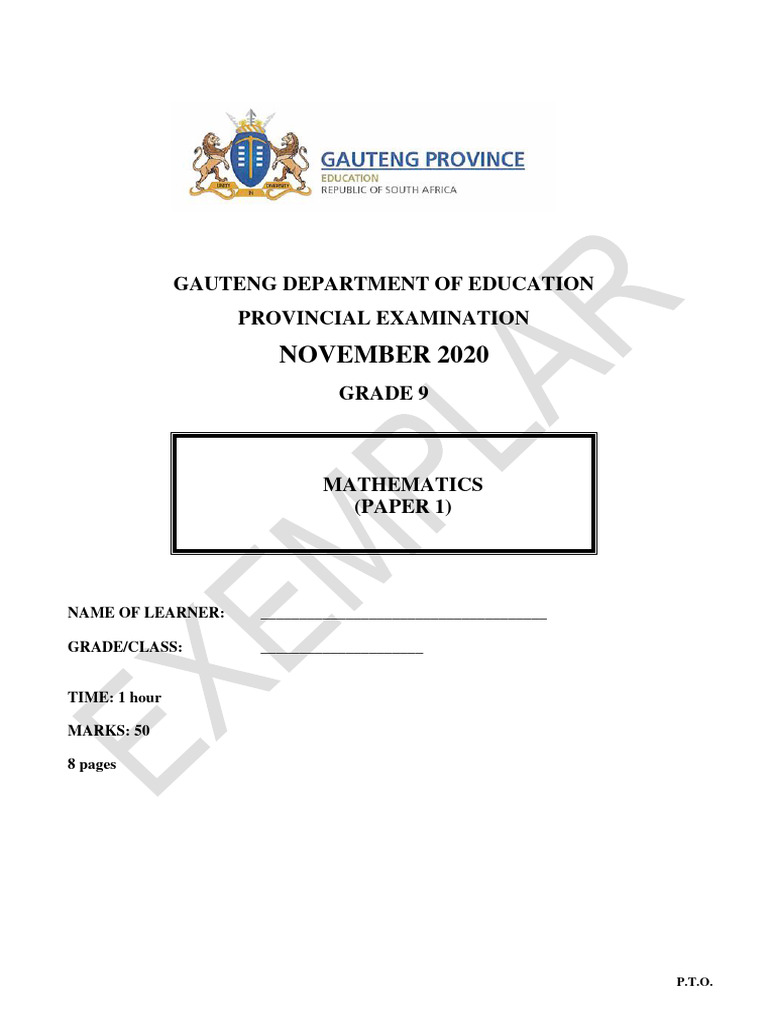 Grade 9 Math Exam Paper 1 2020 | PDF | Mathematical Analysis ...