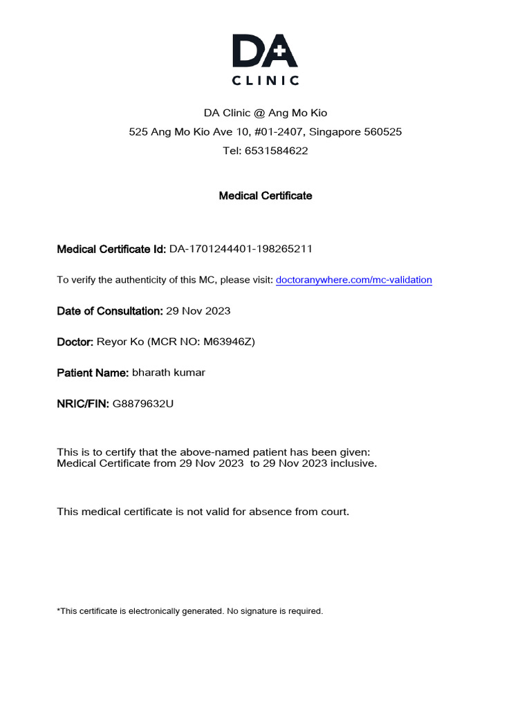 Medical Certificate from Dr. Reyor Ko | PDF