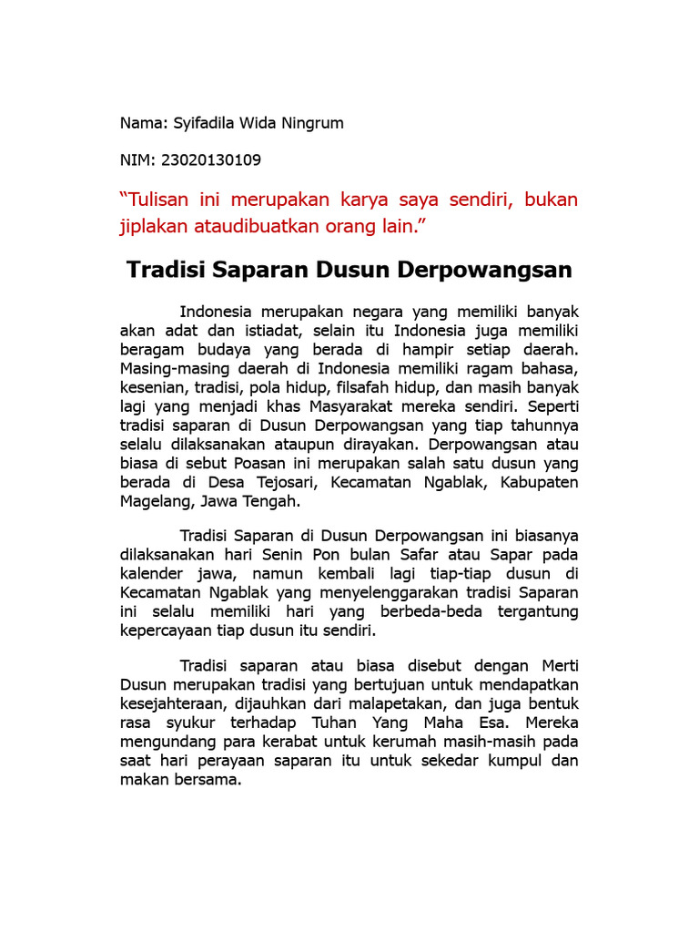 Tradisi Saparan di Dusun Derpowangsan | PDF | Memasak, Makanan ...