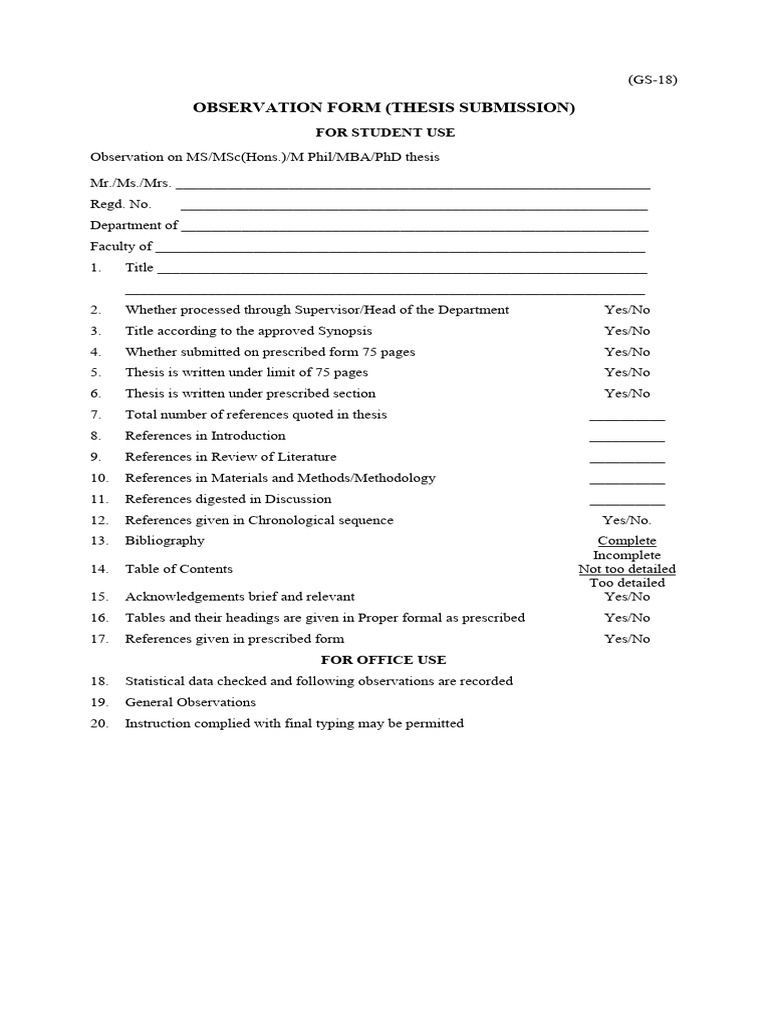 Thesis Submission Observation Checklist | PDF | Thesis | Science