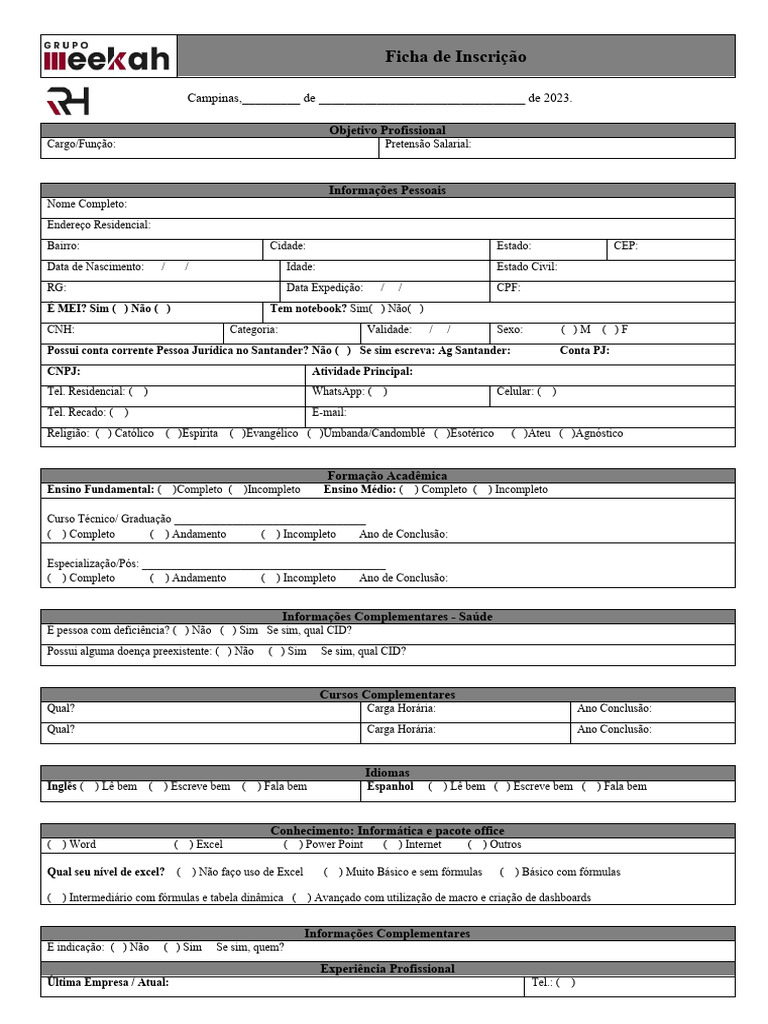 Ficha de Inscrição-ATUAL | PDF | Microsoft Excel | Liderança