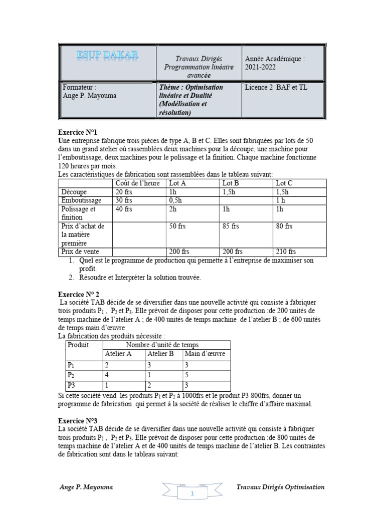 TD Optimisation | PDF | Optimisation linéaire | Optimisation mathématique