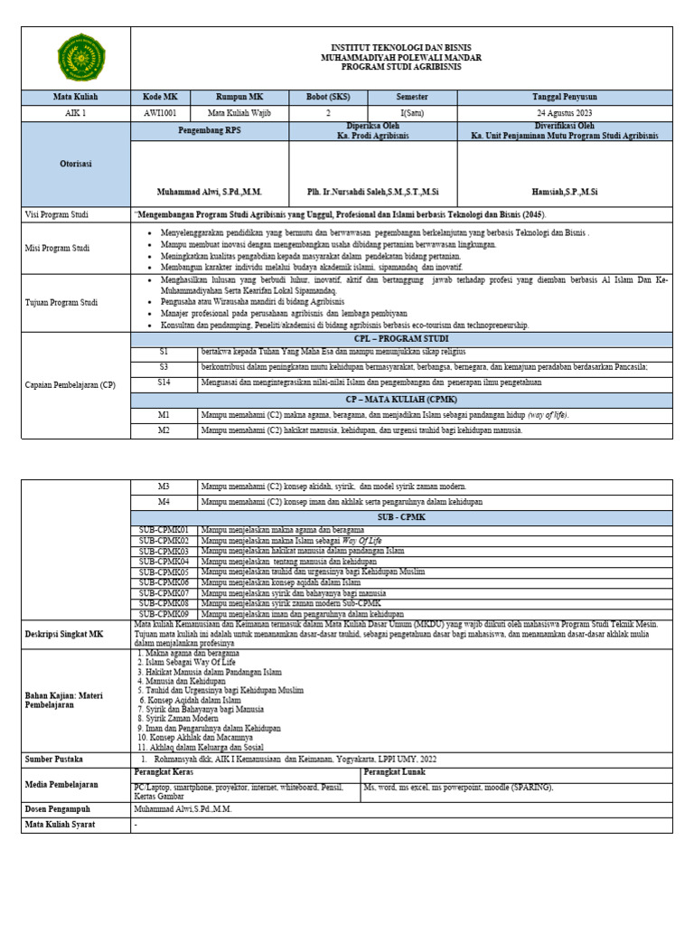 RPS AIK 1 Agri 2023-2024 | PDF