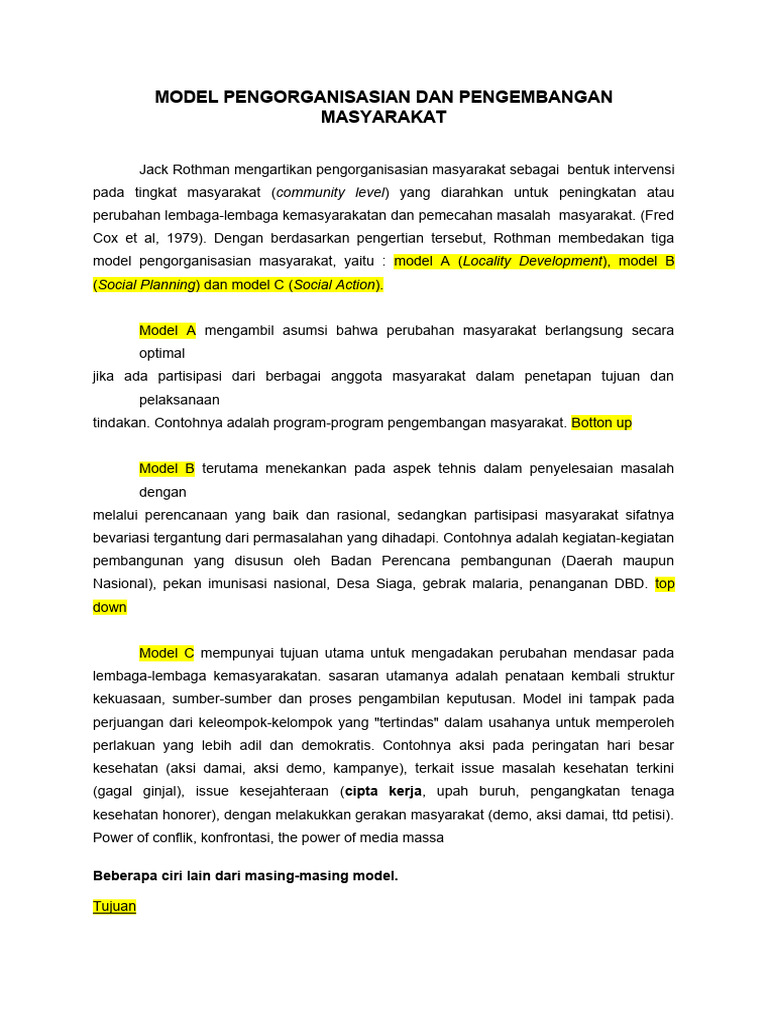 MODEL PENGORGANISASIAN DAN PENGEMBANGAN MASYARAKAT (Model A - B - C) | PDF