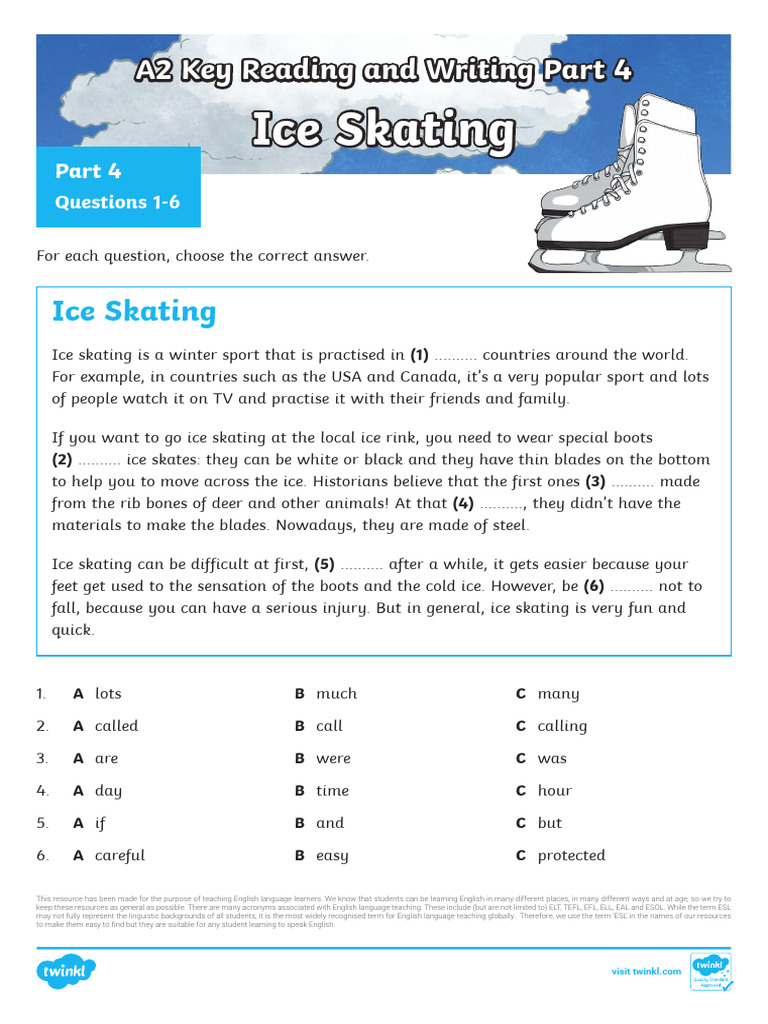 T e 1680514653 Esl A2 Key Reading and Writing Part 4 Worksheet Ice ...