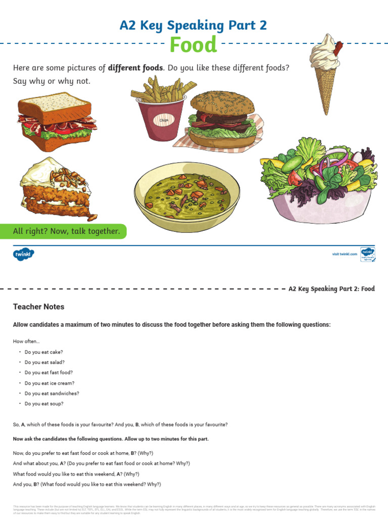 T e 1680683771 Esl A2 Key Speaking Part 2 Worksheet Food Ver 2 | PDF