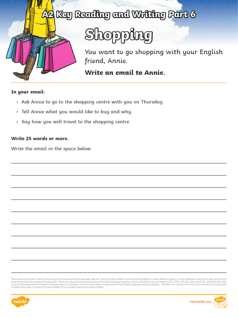T e 1680018467 Esl A2 Key Reading and Writing Part 6 Worksheet Shopping ...