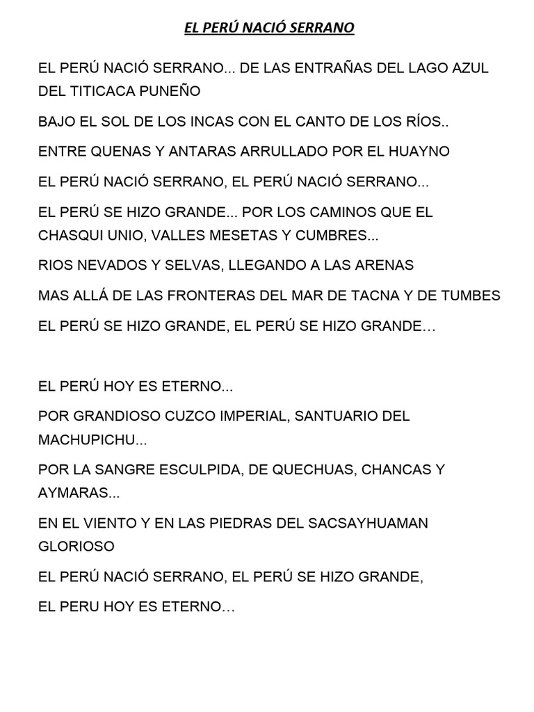 El Perú Nació Serrano: Himno Cultural | PDF