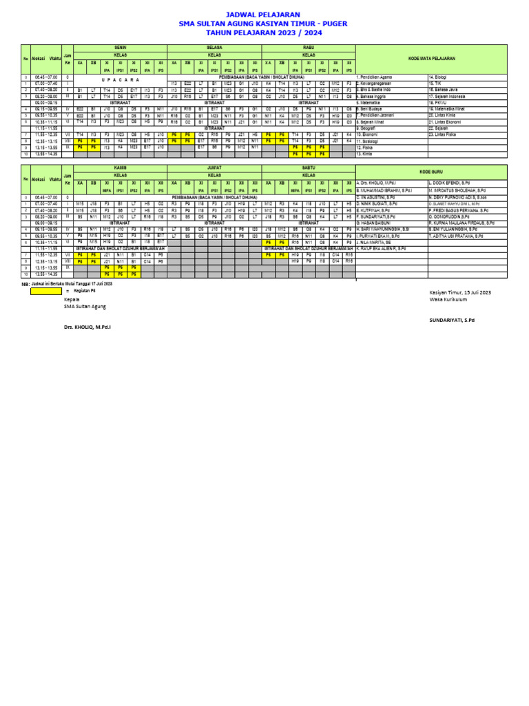 Jadwal Pelajaran Tahun 2023-2024 | PDF