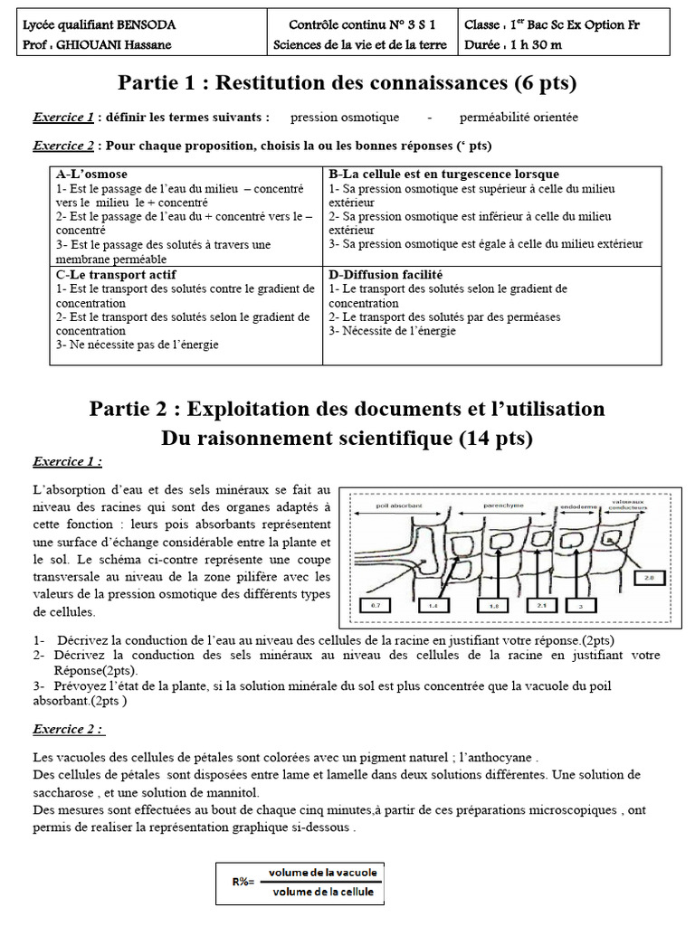 Contrôle SVT 1 Bac S Exercice 3 | PDF | Osmose | Cellule (Biologie)