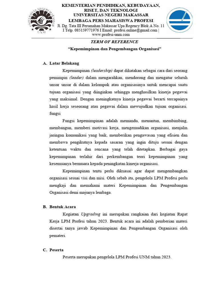 TOR Kepemimpinan Dan Pengembangan Organisasi - Raker 2023 | PDF