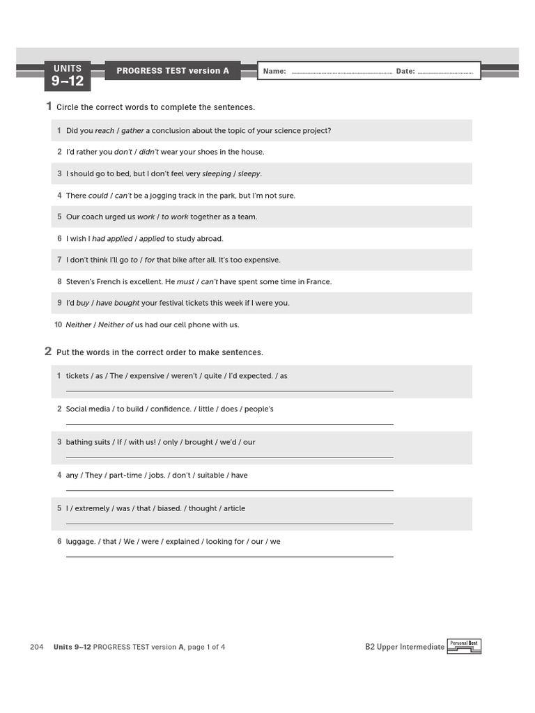U9-12 Personal Best (B2) Upper Inter - Tests (Multiple-Choice) | PDF ...