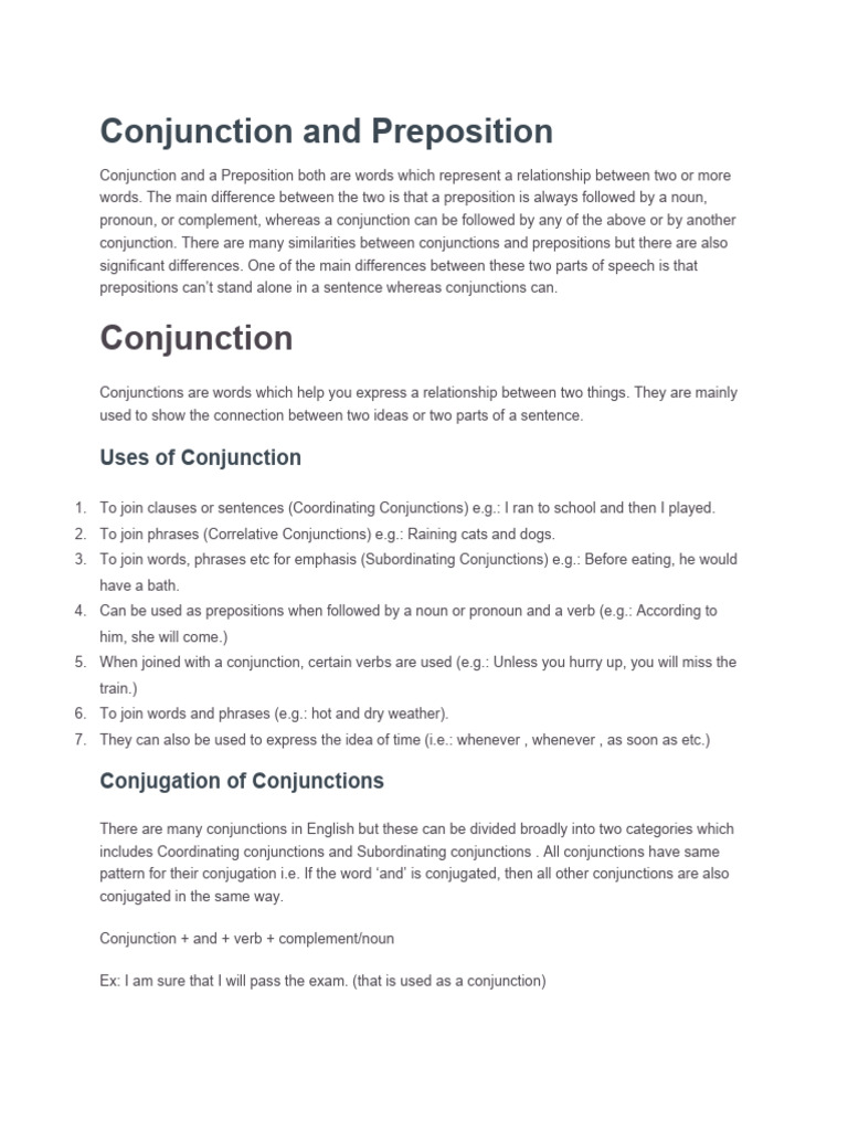 Conjunctions vs Prepositions Guide | PDF | Preposition And Postposition ...