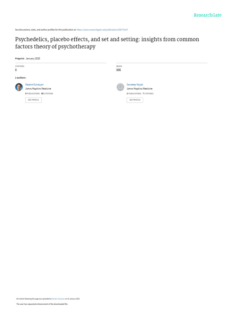 Psychedelic and Placebo - GukasyanNayak | PDF | Psychotherapy | Cognitive Behavioral Therapy