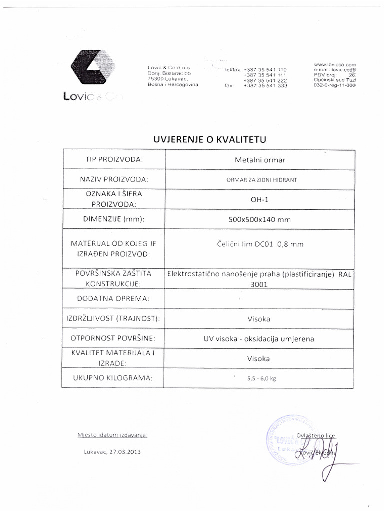 Uvjerenje o Kvaliteti HO1 | PDF